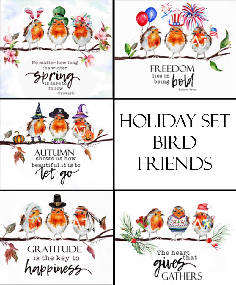 Bird Friends Holiday Set of 5 8.5x11 or 11x14 prints | Etsy