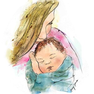 Mother's First Kiss- Mother Holding Newborn, Drawing With Watercolor ...