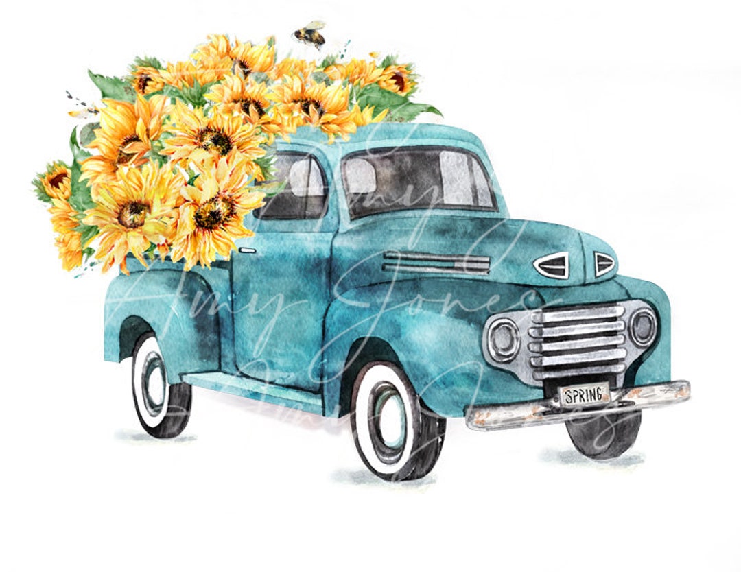 Watercolor Sunflower Truck PNG: Vintage Farm Clipart (digital Download ...