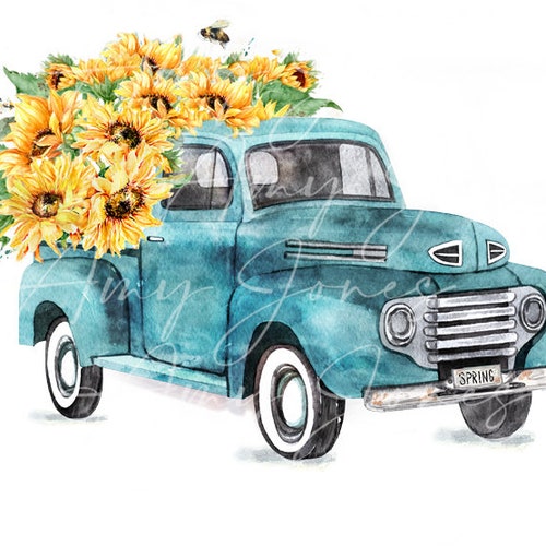 Vintage Truck With Sunflowers Png Watercolor Sunflower - Etsy