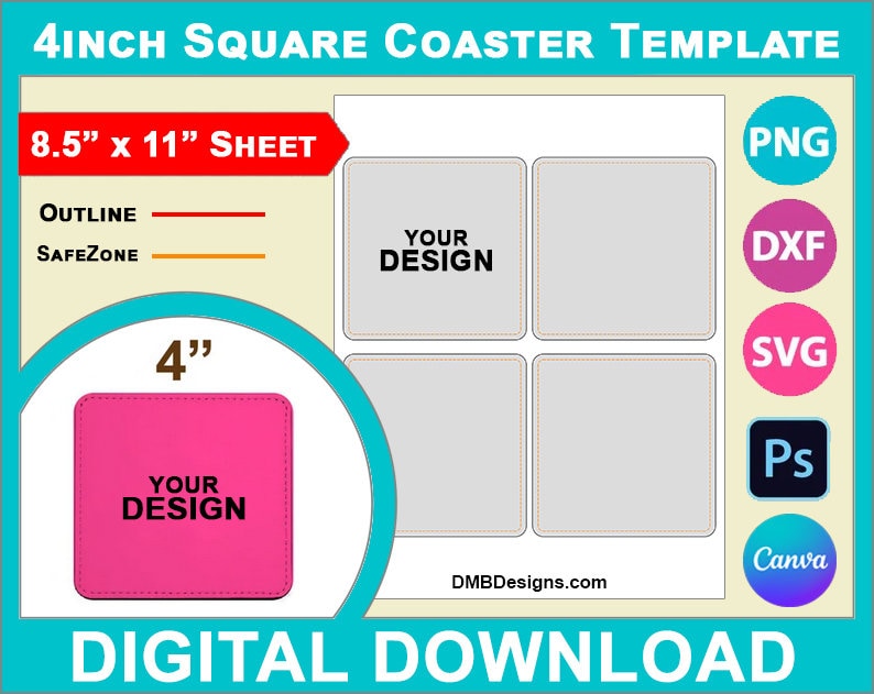 4inch Square Cup Coaster Sublimation Template, Canva, SVG, DXF, Dwg, Ai ...