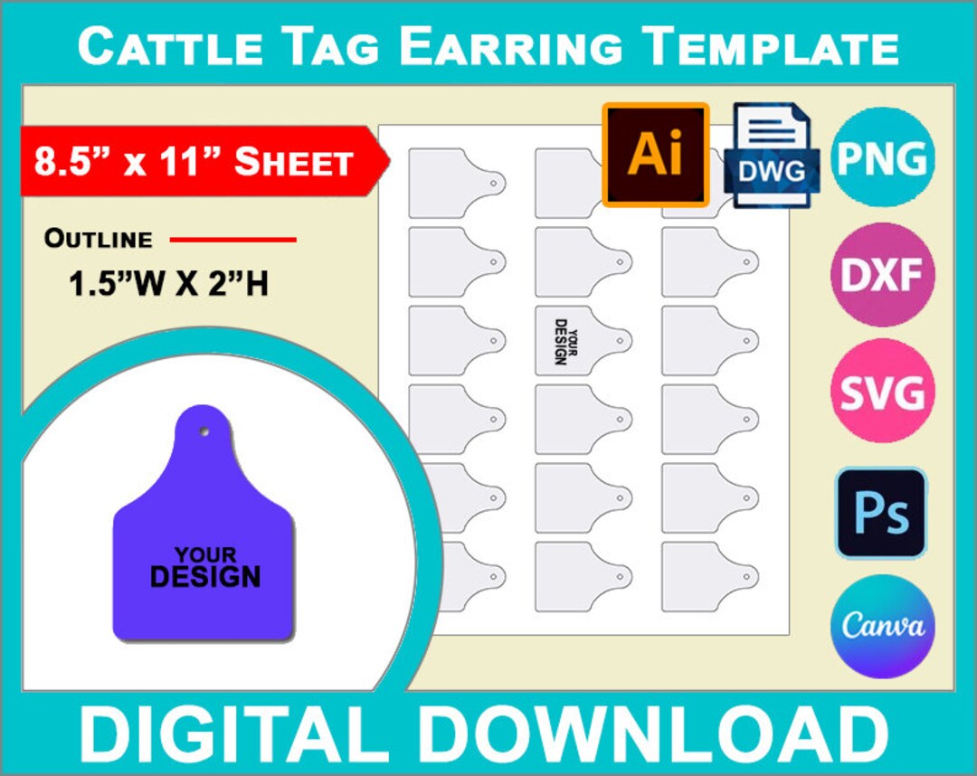 Cattle Tag Template, Cattle Tag Svg Cow Tag Earring, Canva, SVG, DXF ...