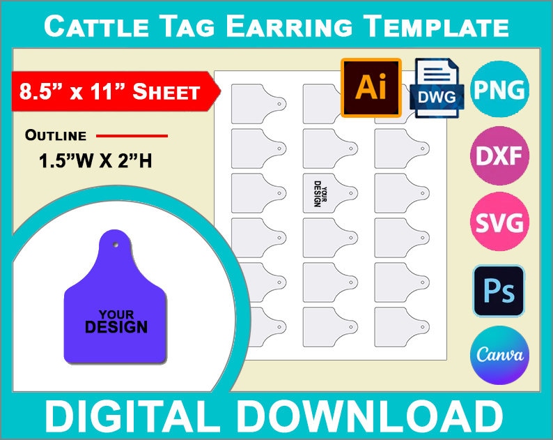 Cattle Tag Template, Cattle Tag Svg Cow Tag Earring, Canva, SVG, DXF ...