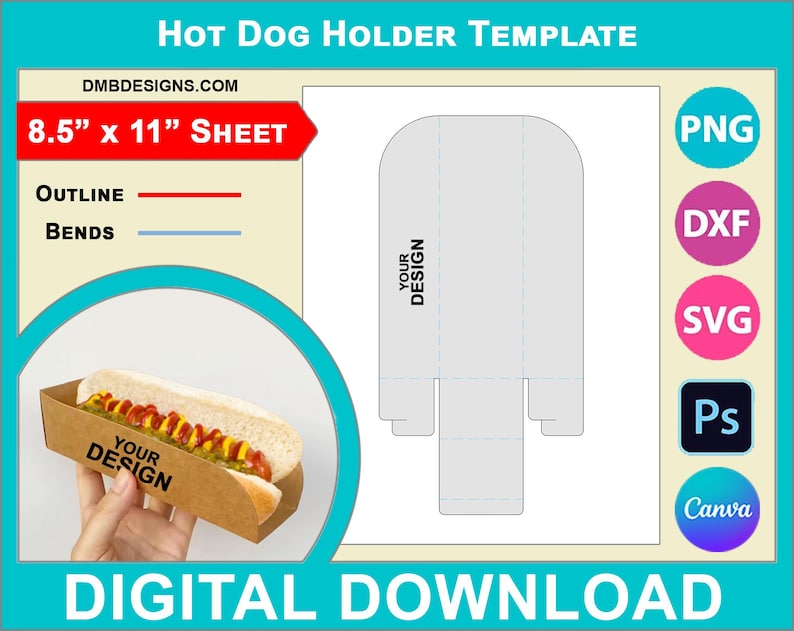 7" Hot Dog Holder Template, Hot Dog Box Packaging Template, Canva, DXF ...