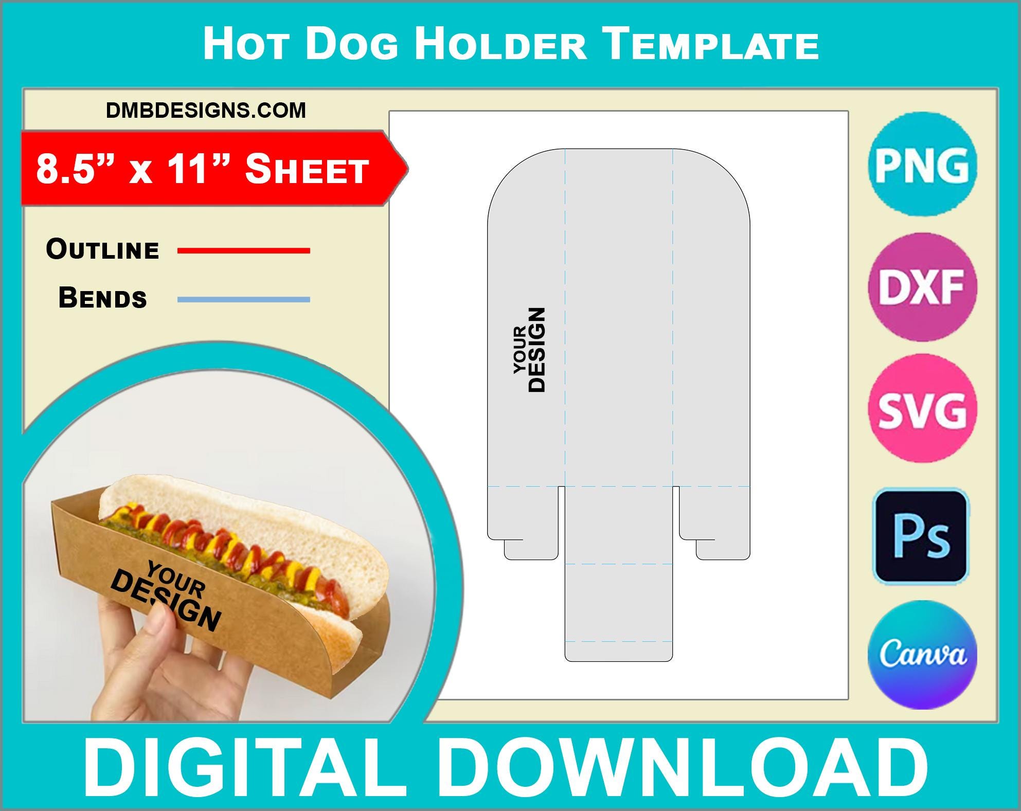 7" Hot Dog Holder Template, Hot Dog Box Packaging Template, Canva, DXF, Ai, Png, Psd, PDF 8.5 ...