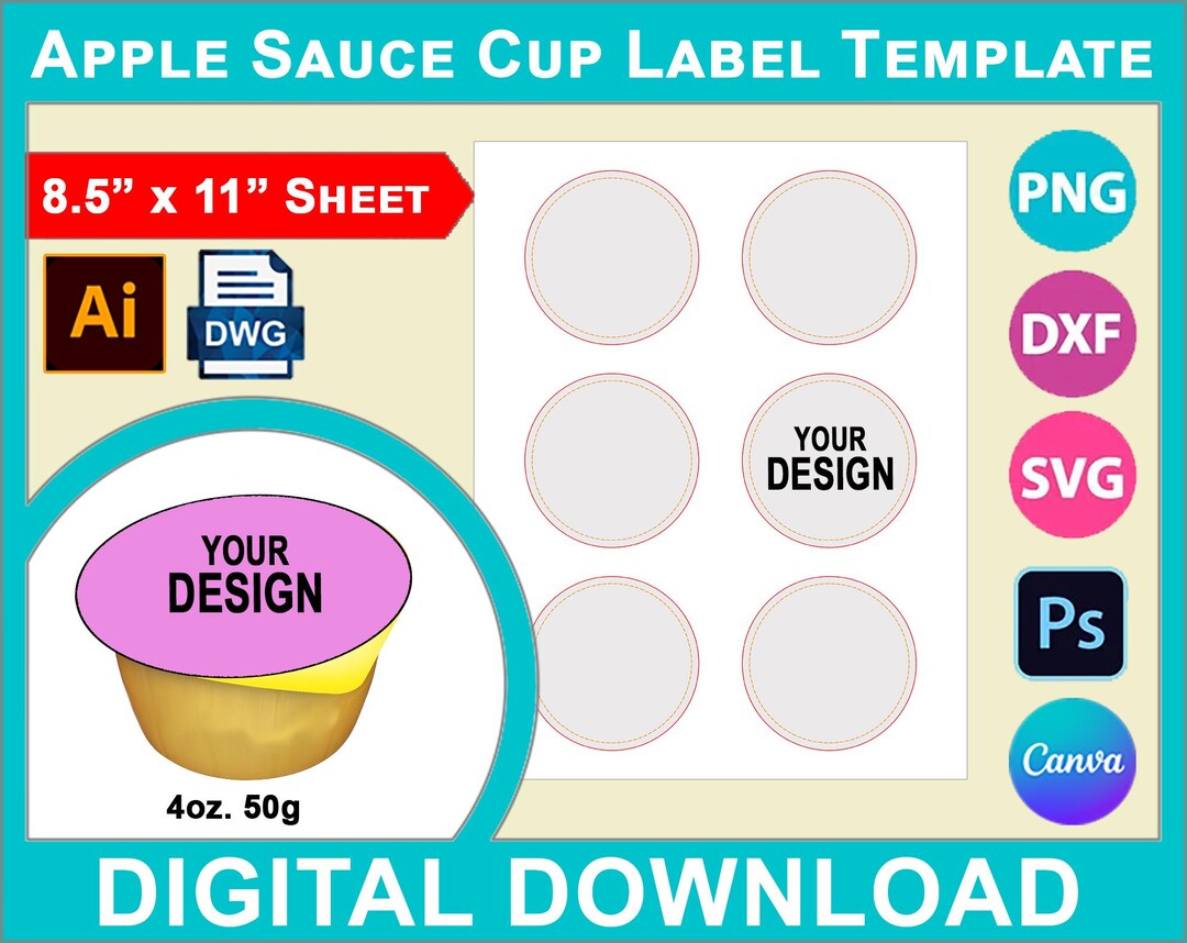 Apple Sauce Cup Label Template Stickers, 4oz Applesauce, SVG, DXF, Dwg ...