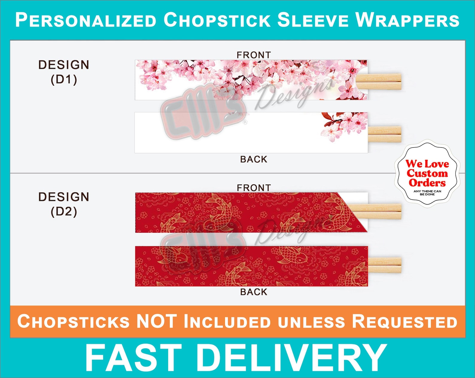 Custom Chopstick Sleeve Holder Wrappers, Hibachi Theme Japanese ...