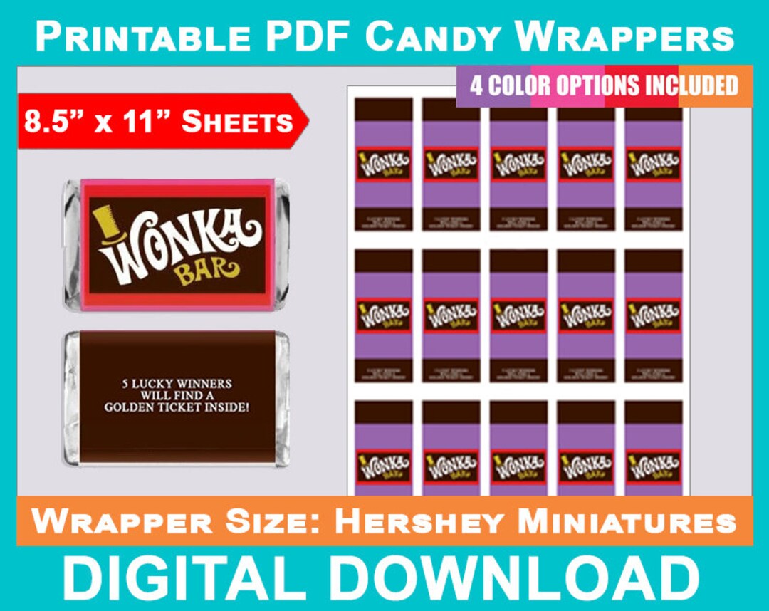Wonka Bar Labels Mini Miniatures Size Chocolate Bar Wrappers Candy Label Willy Wonka Birthday ...