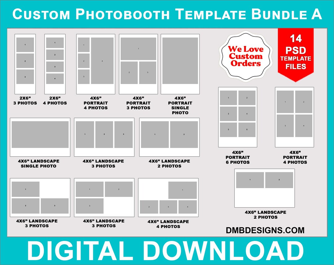 4x6 Custom Photobooth Template Bundle A, Photo Collage, 14 PSD Overlay ...