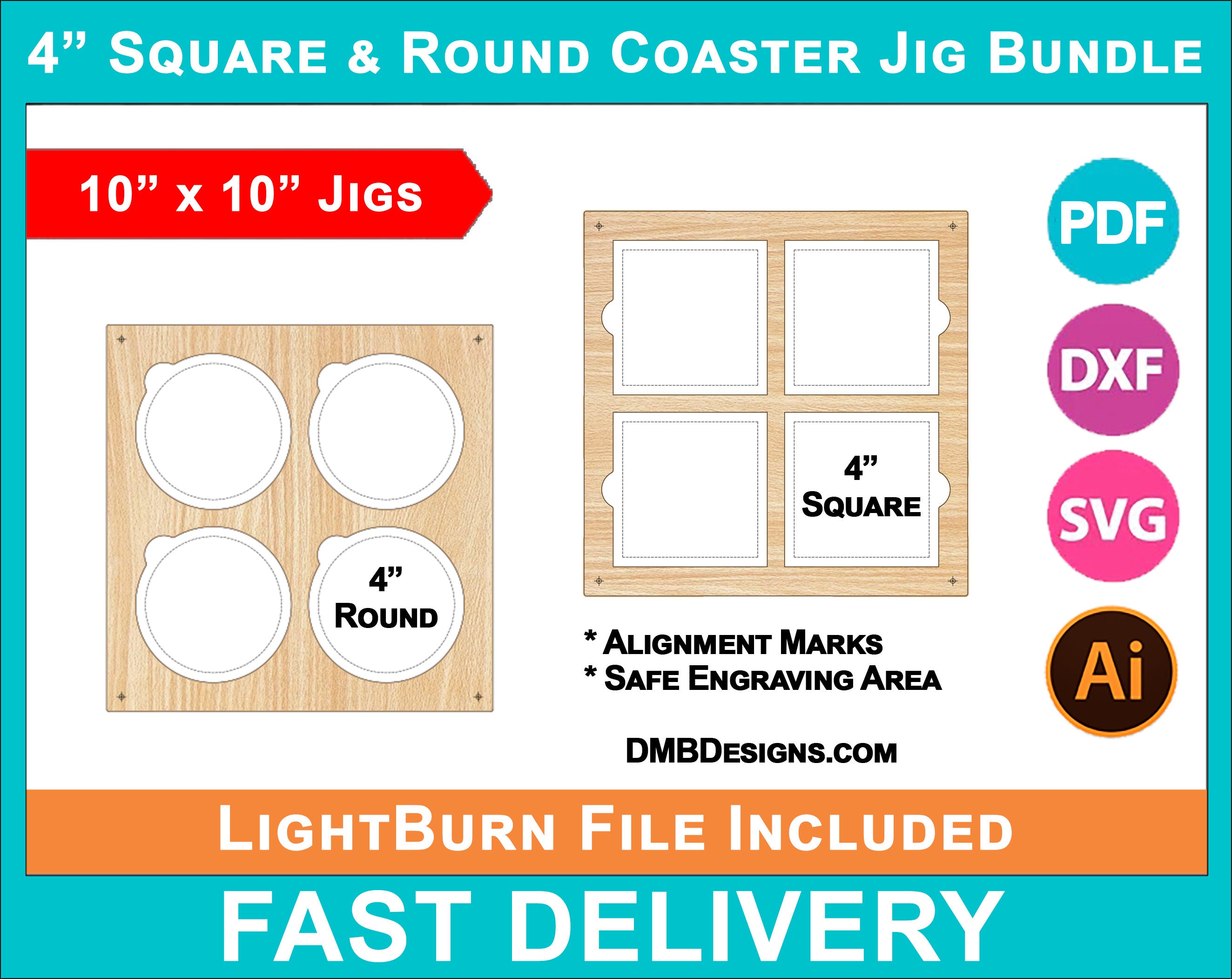 4 Inch Square and Circle Coaster Engraving Jig, 4 Grid Coaster Template ...