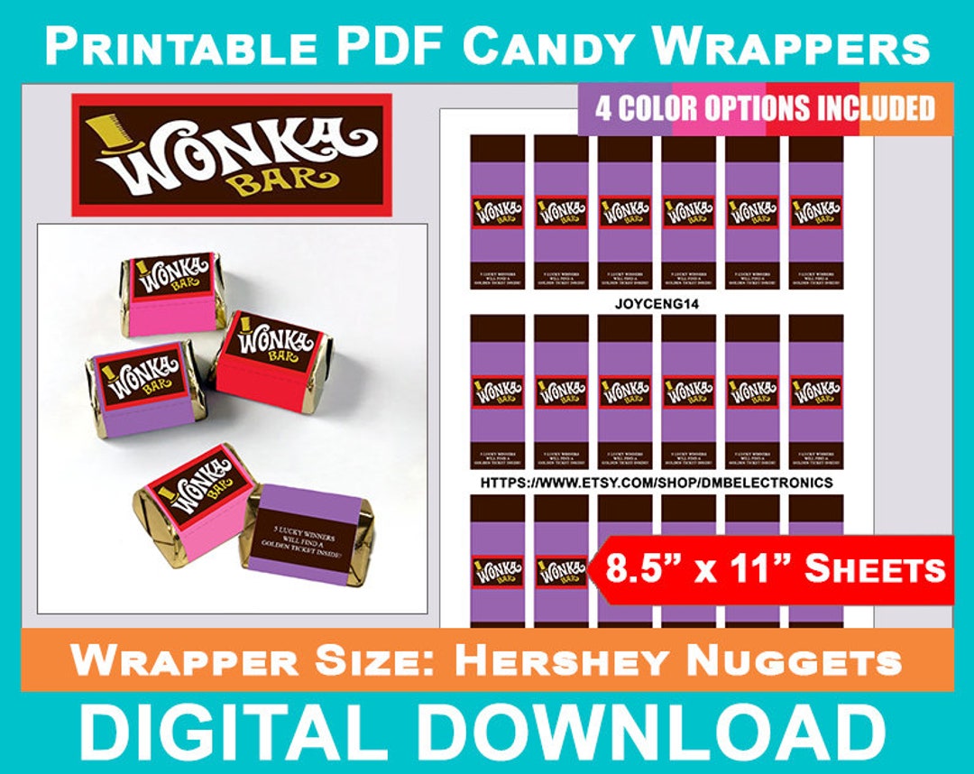 Wonka Bar Labels Mini Nuggets Size Chocolate Bar Wrappers Candy Label ...