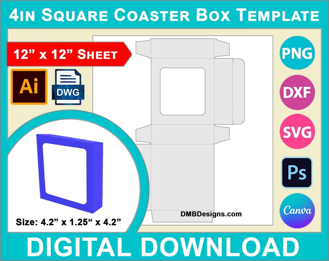 4inch Square Cup Coaster Box Template, Packaging, Canva, SVG, DXF, Dwg ...