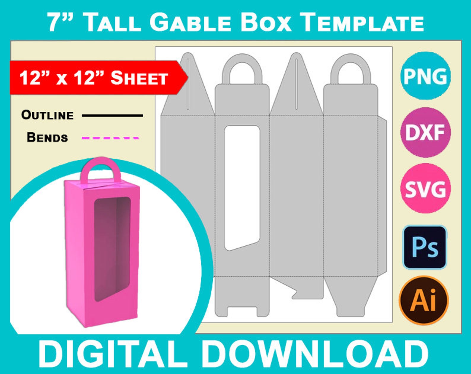 7” Tall Gable Box Template, Tall Gable Window Box, Box With Handle ...