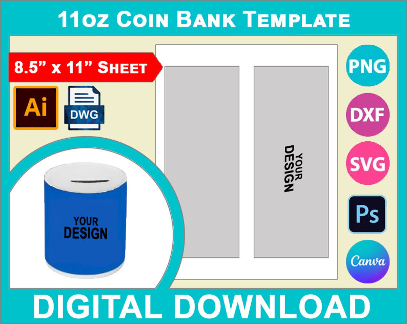 11oz Ceramic Coin Bank Template, Sublimation Coin Bank Wrap Template ...
