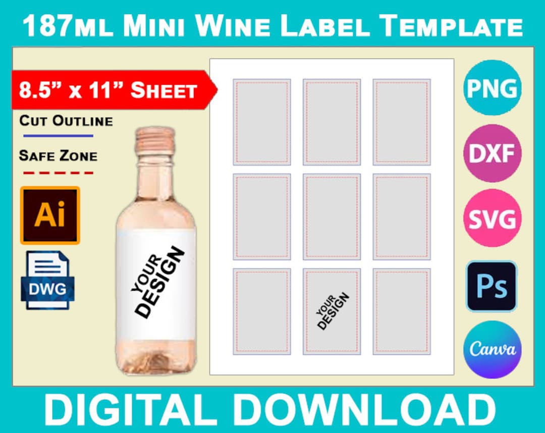 187ml Wine Label Template, Mini Wine Bottle Labels, Canva, SVG, DXF ...