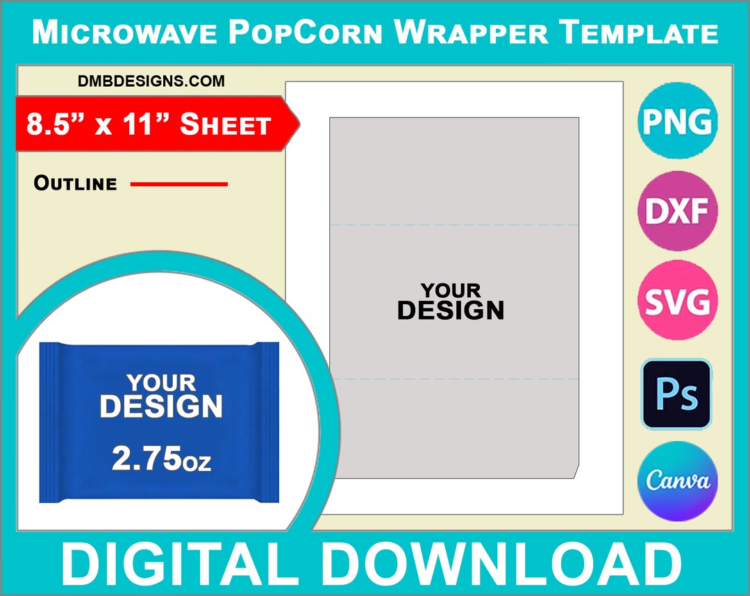 Microwave Popcorn Wrapper Template, 2.75 Oz Pop Corn Label, Party Favor ...