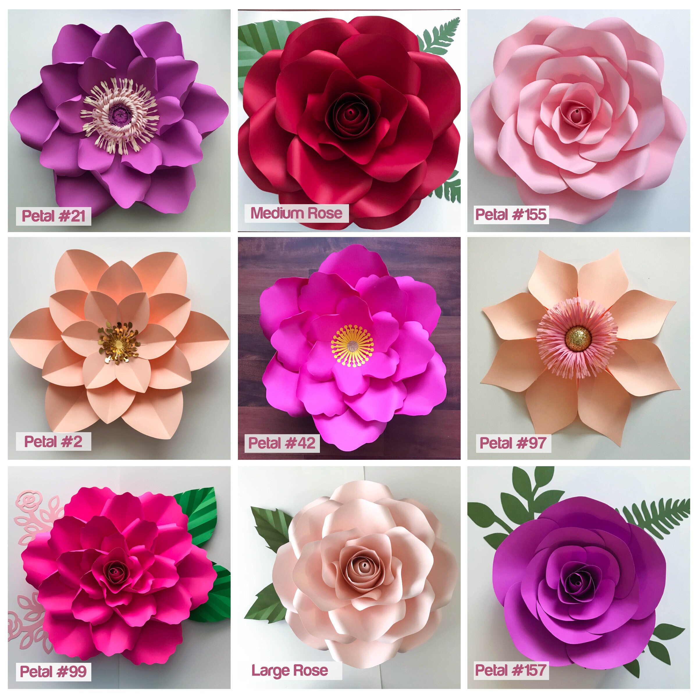 Paper Flowers SVG 11 Flower Template Set Files For Cutting Machines Like Cricut And Silhouette