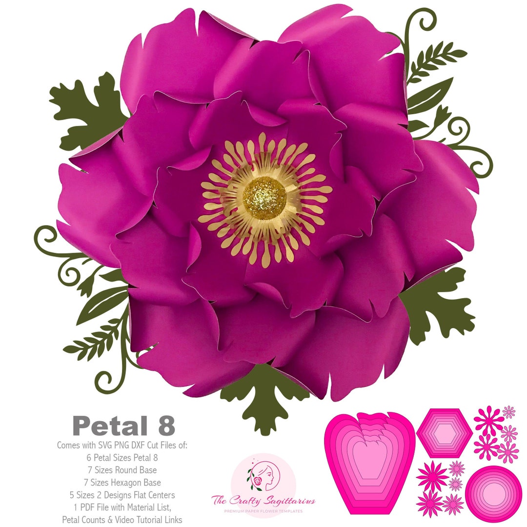 SVG PNG DXF Petal 8 Paper Flowers Template Cut File With Free Base and ...