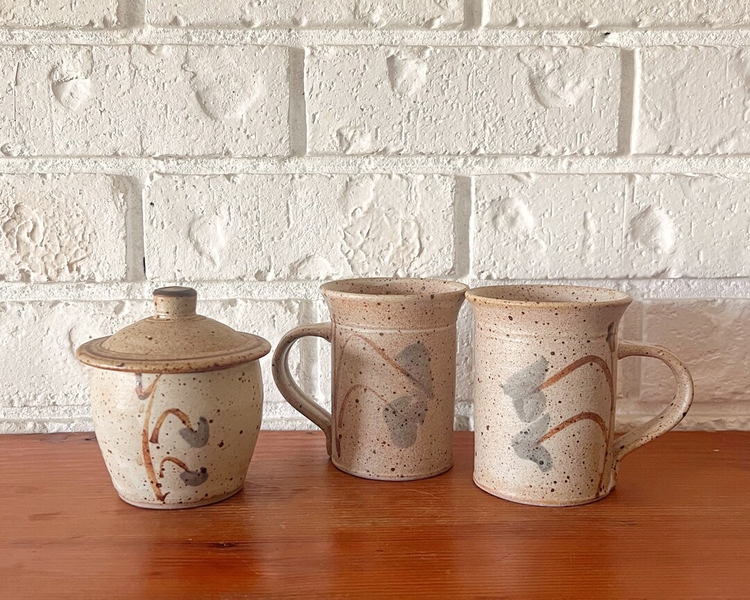 Handmade Pottery Set, 2 Mugs, Sugar Dish, 4 Pc Set, Beige, Speckled ...