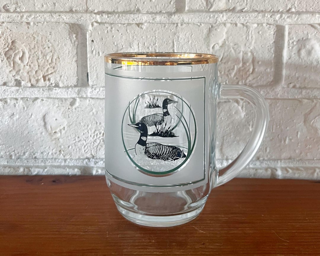 Vintage Loon Mug, Gold Plated Rim, Large Glass Mug, 16 Oz Mug, Nature ...