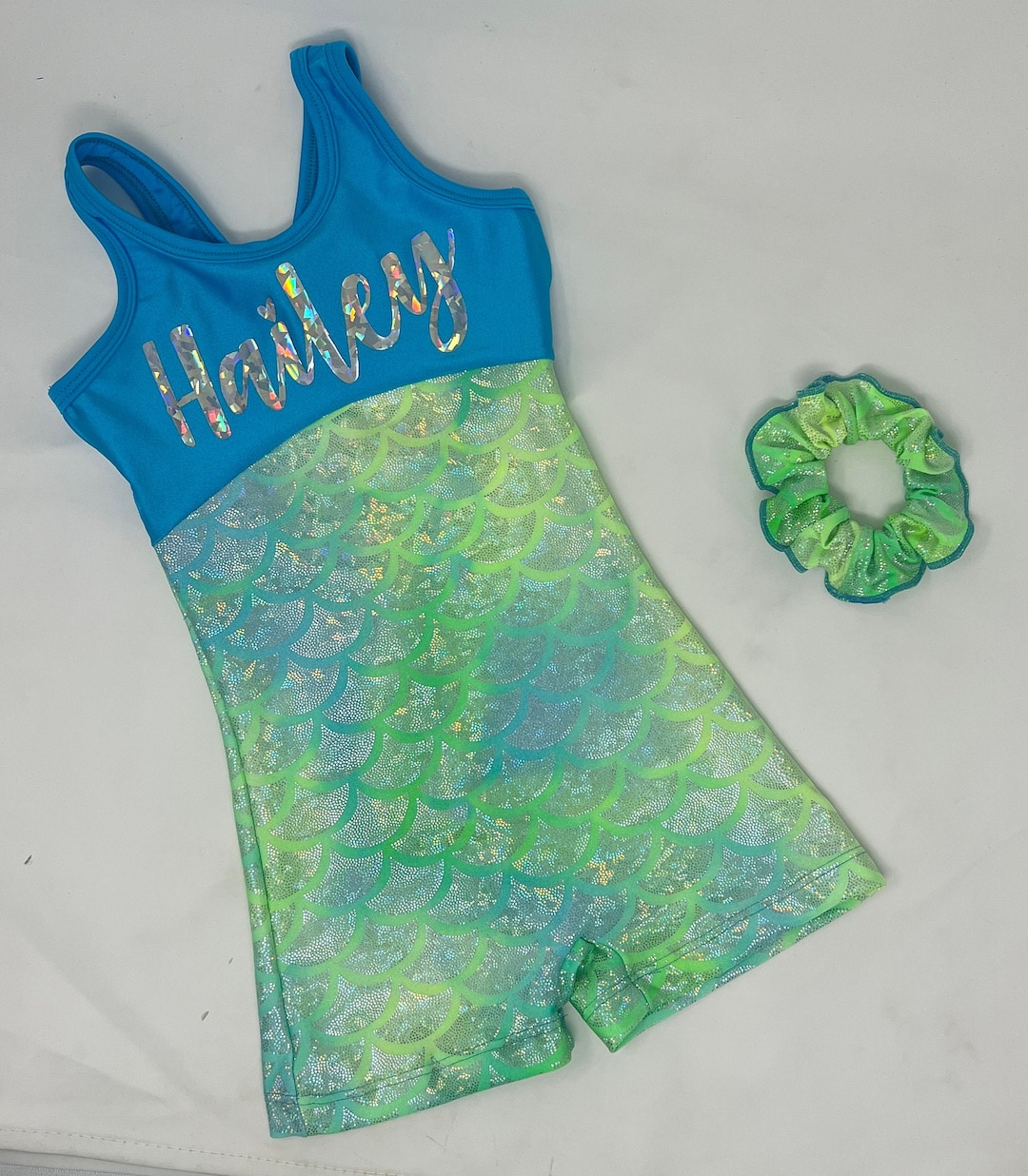 Girls Lime Mermaid Unitard Biketard Scrunchie Dance Gymnastics Tumbling ...