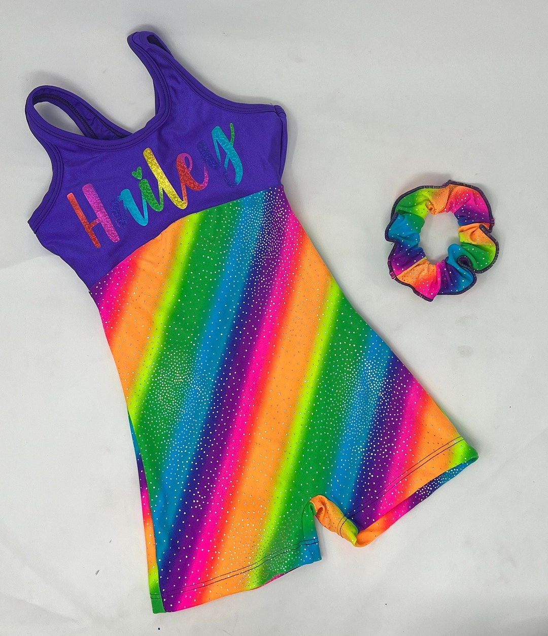 Girls Purple Rainbow Stripe Unitard Biketard Dance Gymnastics Birthday ...