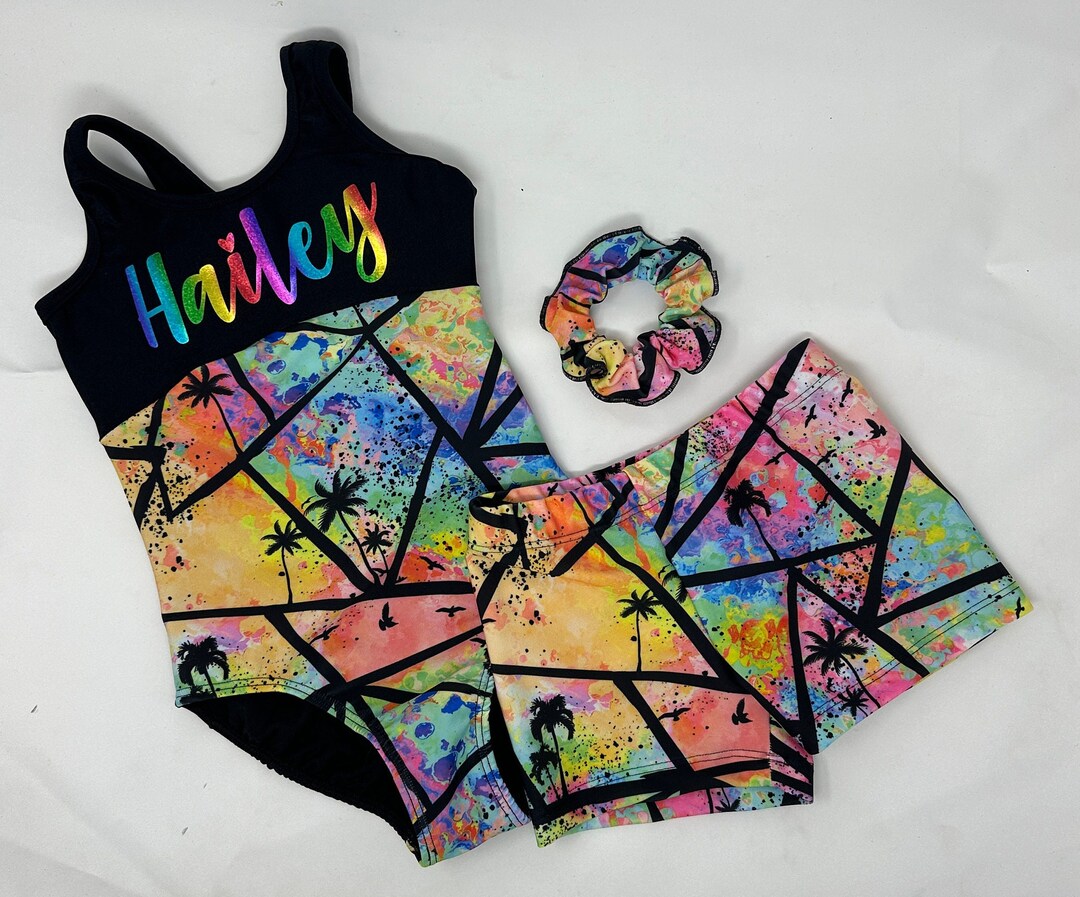 Girls Palm Tree Rainbow Print Name Personalized Leotard Short Scrunchie ...