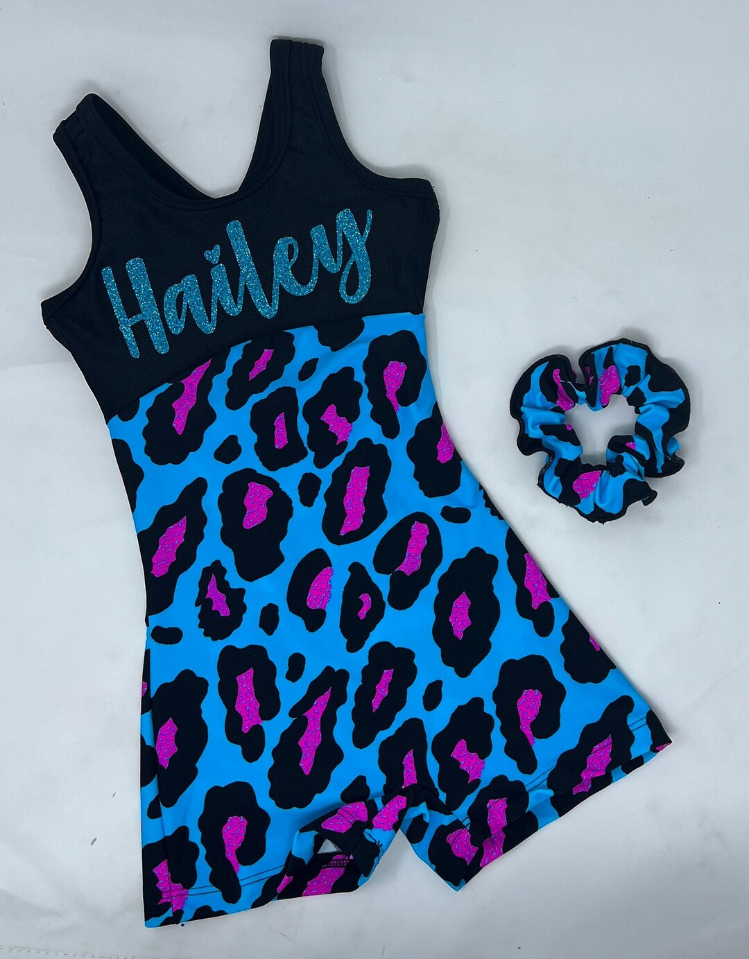 Girls Turquoise Fuchsia Leopard Unitard Biketard Scrunchie Dance ...