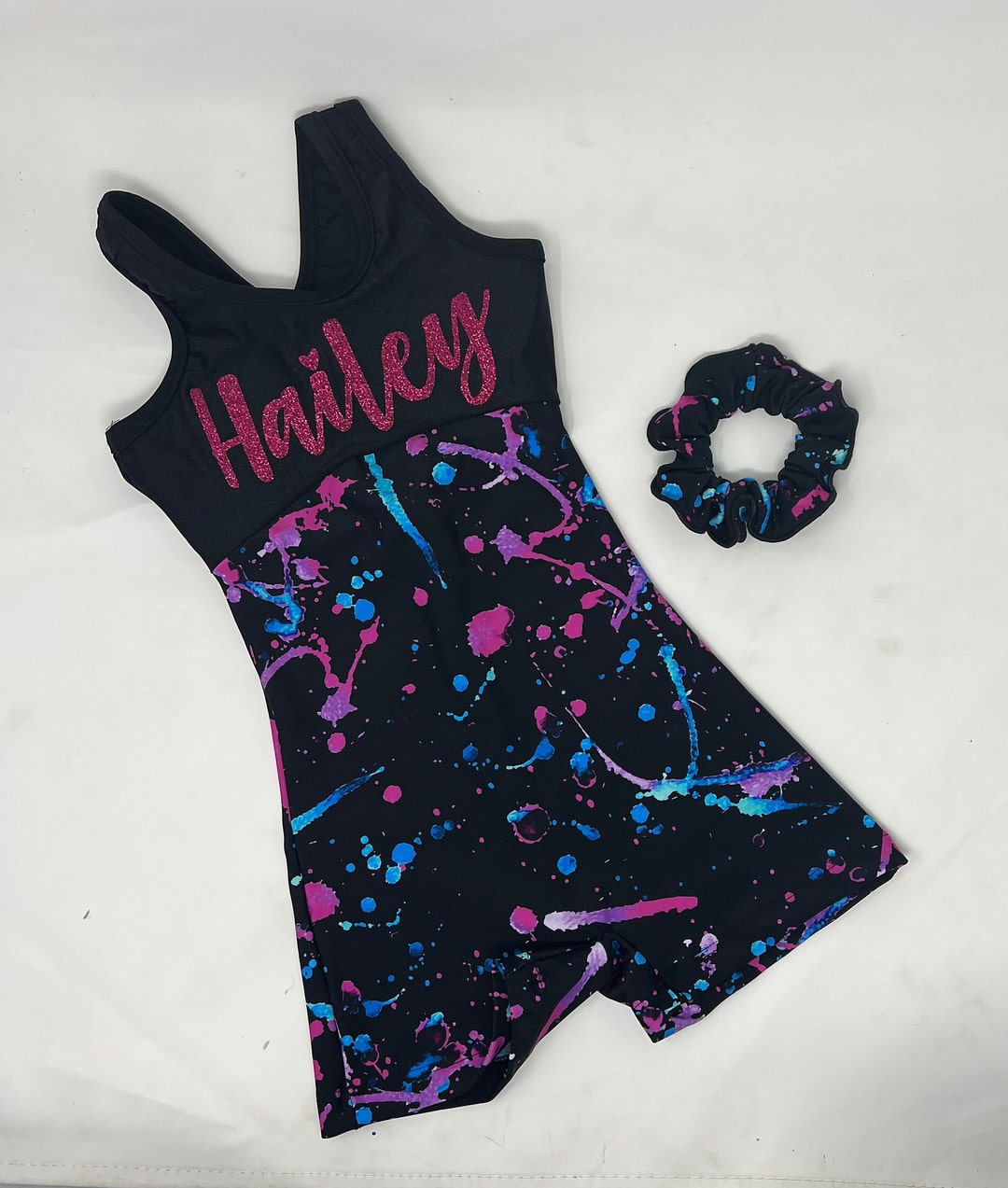 Girls Fuchsia Turquoise Paint Splatter Unitard Biketard Scrunchie Dance ...
