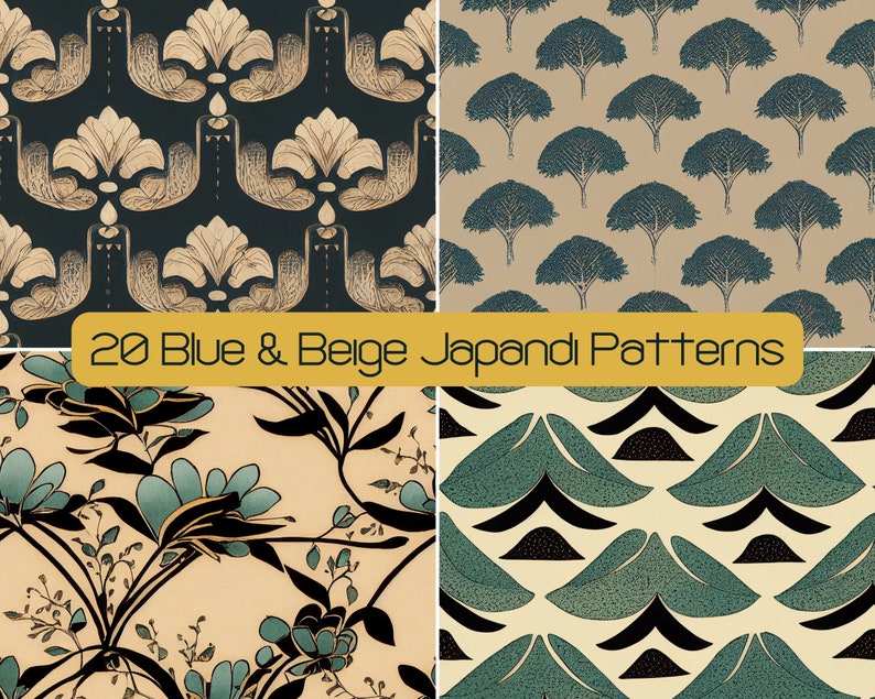 20 Blue & Beige Japandi Art Wallpaper Pattern, Digital Scrapbook Paper ...