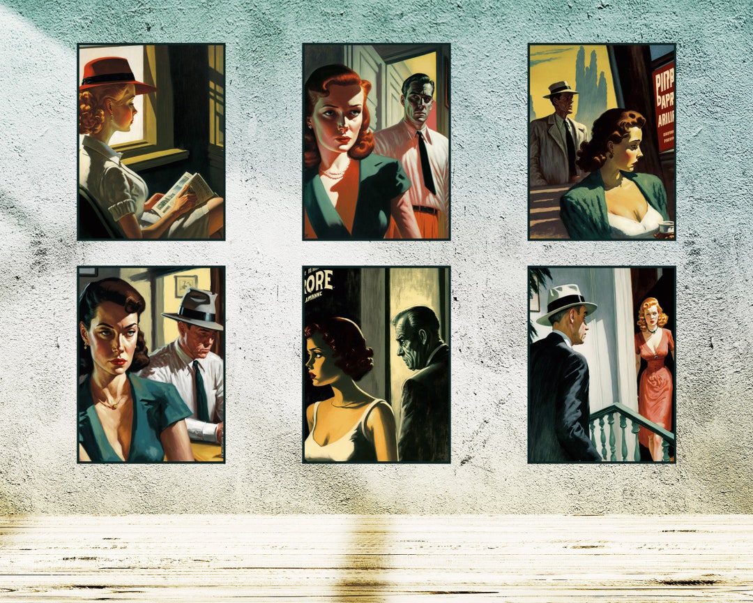 6 1950s Pulp Crime Fiction Art Prints, Edward Hopper Inspired, Digital ...