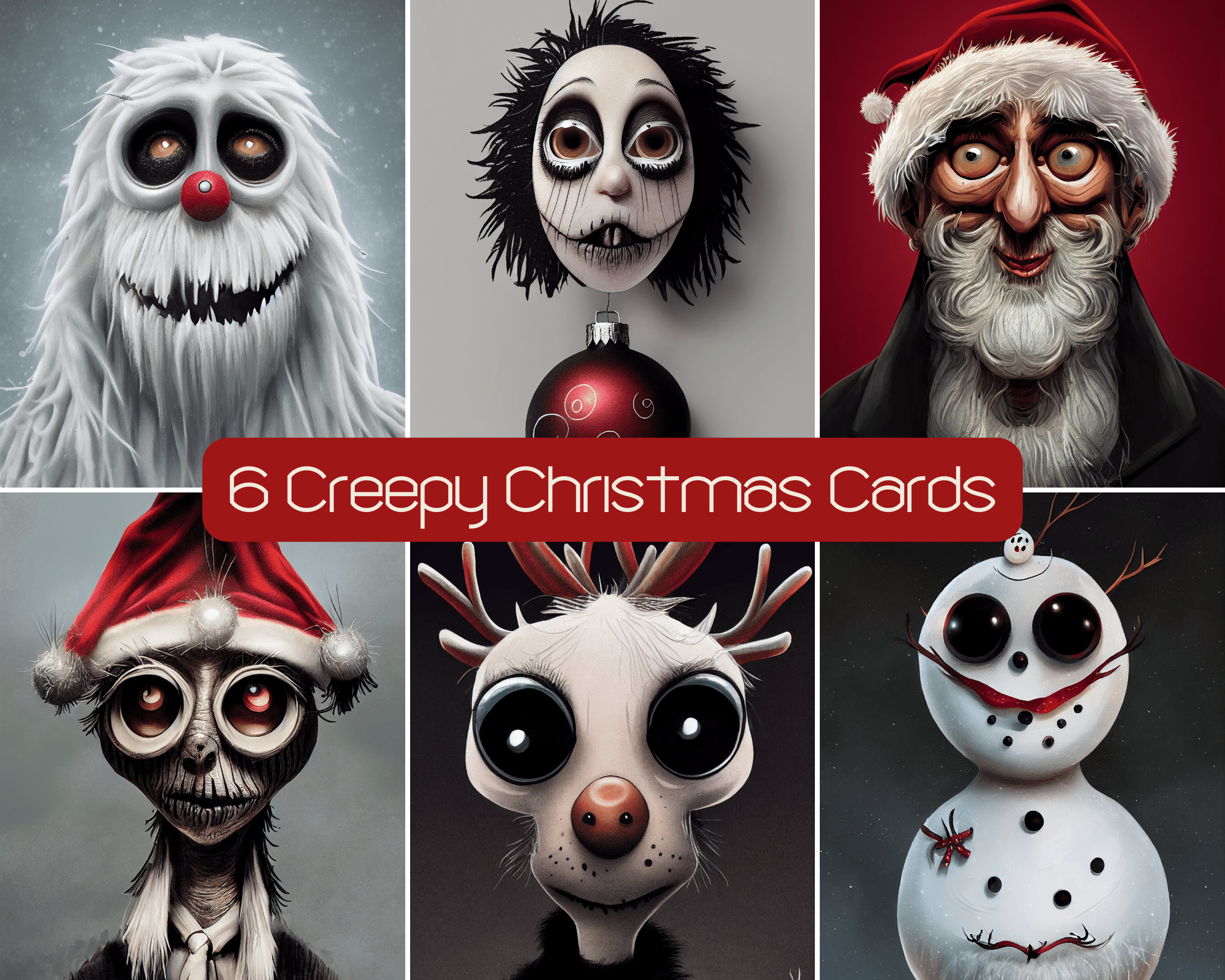 6 Creepy Christmas Cards, Tim Burton Inspired Gothic Wall Art ...