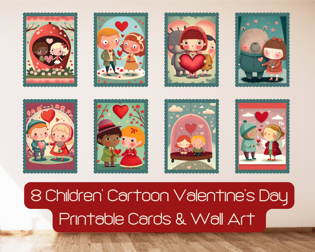 8 Cute Kids Cartoon Valentine's Day Art Print, Printable Card, Digital ...