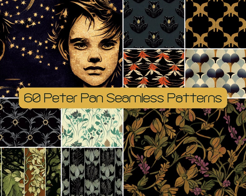 60 Peter Pan Art Nouveau Seamless Patterns, SVG, JPG (digital Download ...