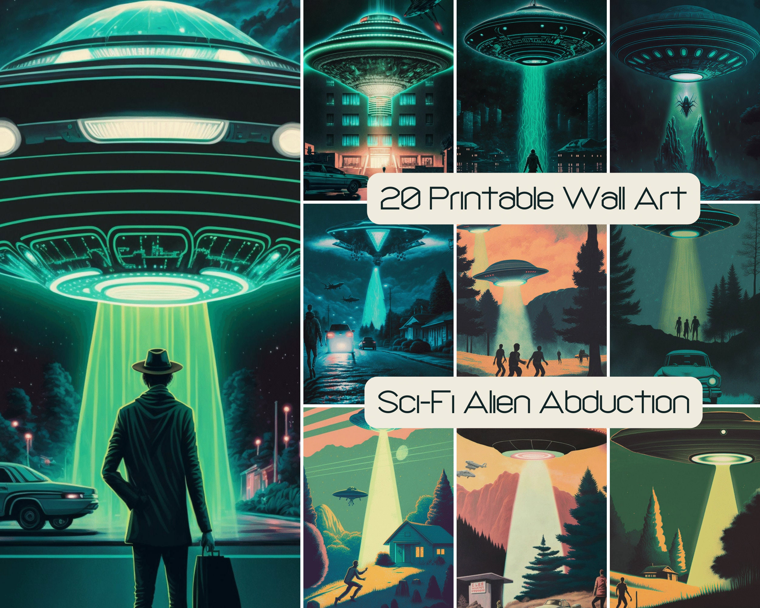 20 Alien Abduction Digital Wall Art, Printable Greeting Cards, Sci-fi ...