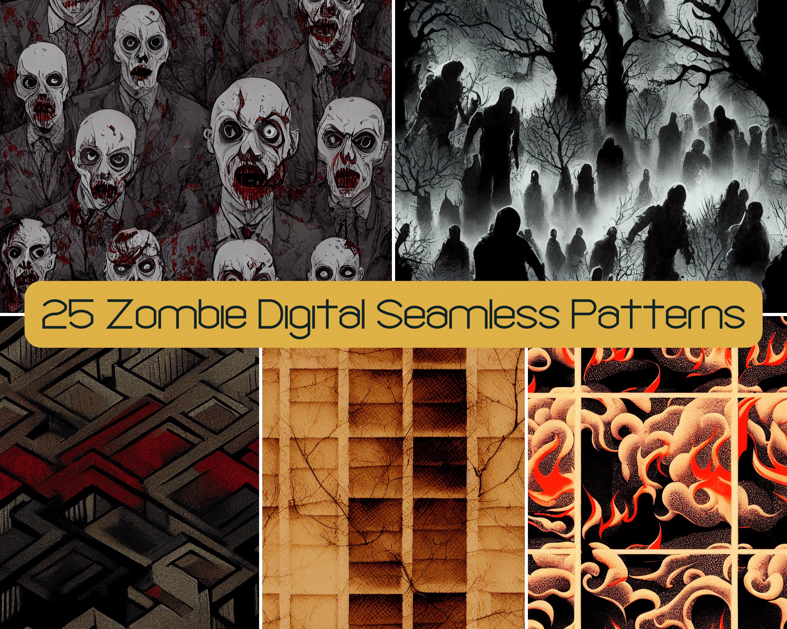 25 Zombie Horror Seamless Patterns, Digital Scrapbook Paper Pack, Goth ...