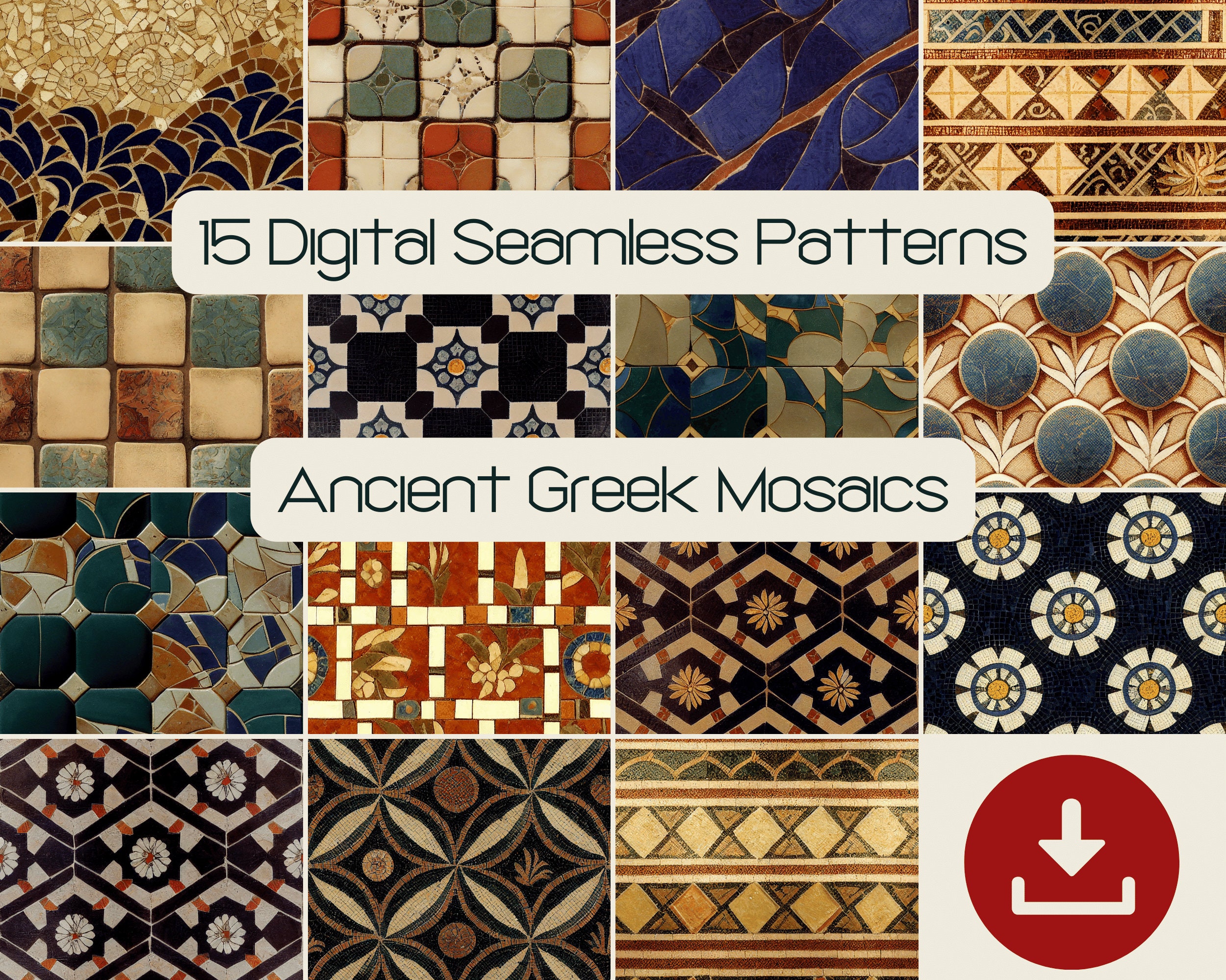 15 Ancient Greece Mosaic Seamless Pattern, Digital Scrapbook Paper Pack ...