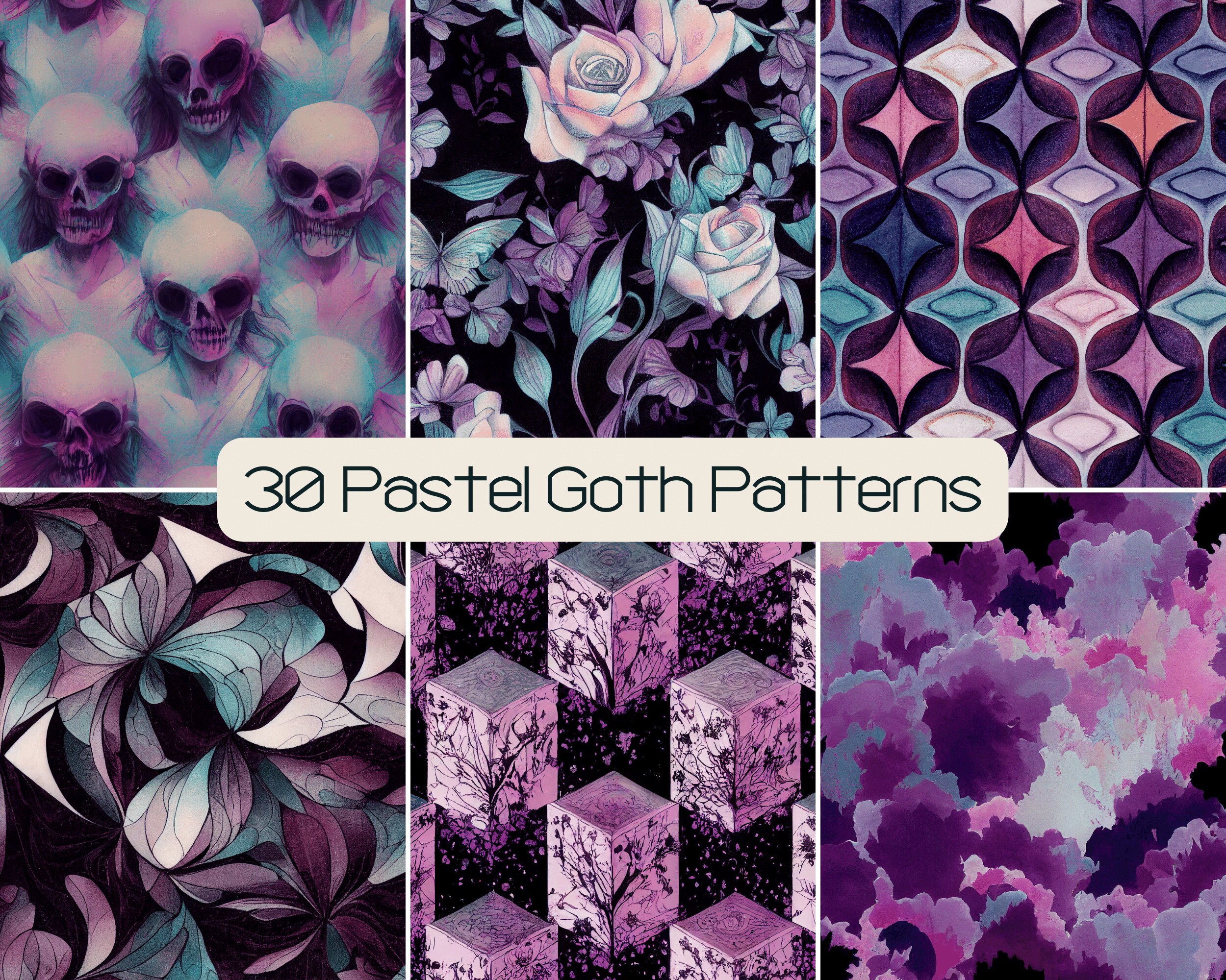 30 Pastel Goth Patterns, Digital Scrapbook Paper Pack, Gothic Skull SVG ...