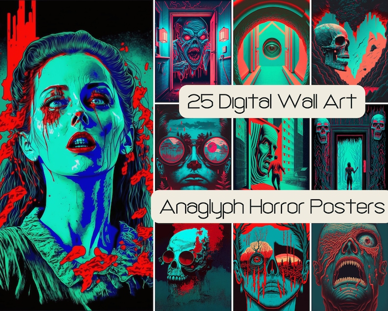 25 Anaglyph Horror Digital Wall Art, Printable Poster Home Decor, Skull ...