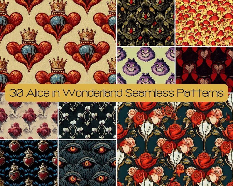 Alice in Wonderland Seamless Patterns, Fantasy Digital Paper (30 JPG ...