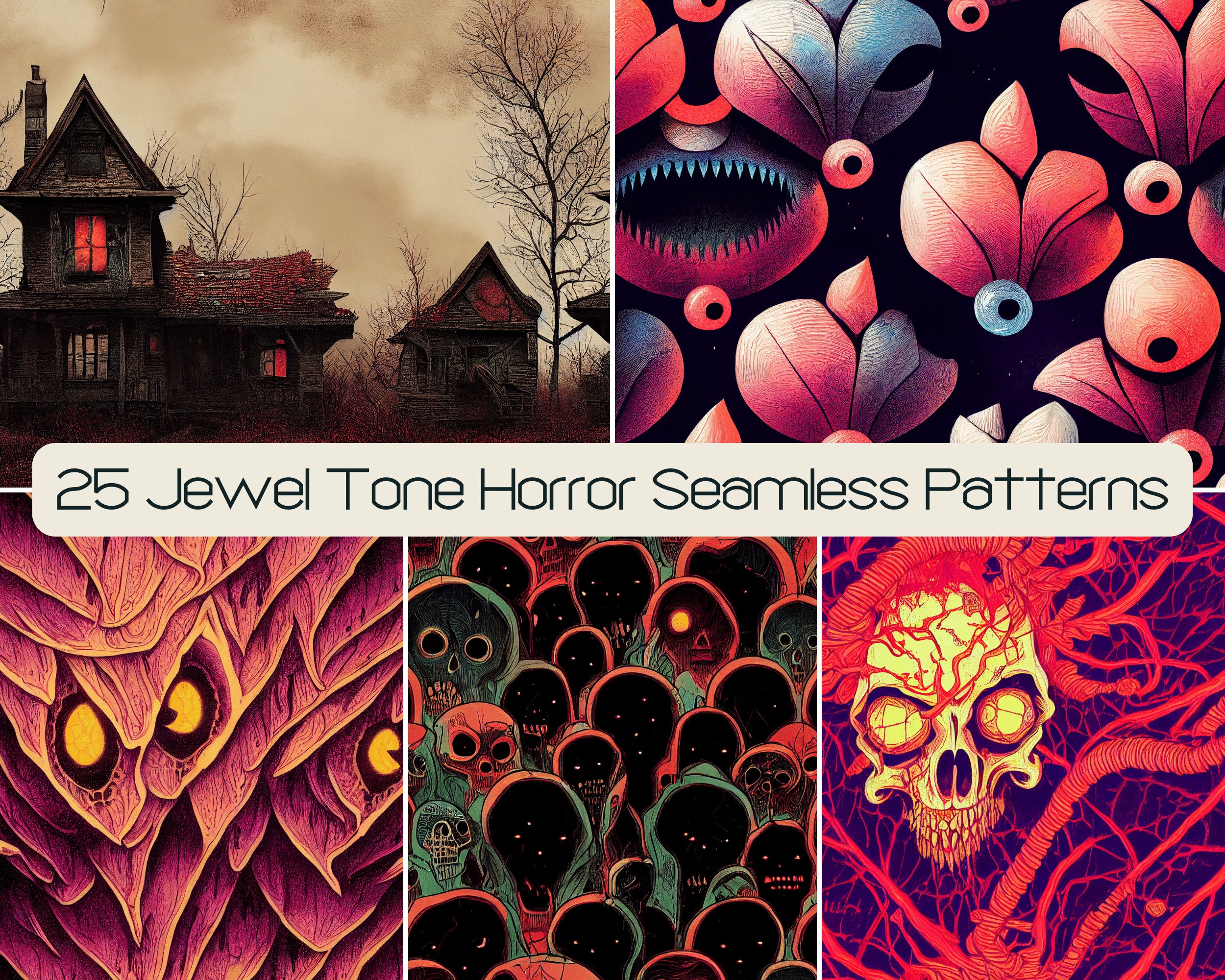 25 Jewel Tone Horror Seamless Pattern, Digital Scrapbook Paper Pack ...