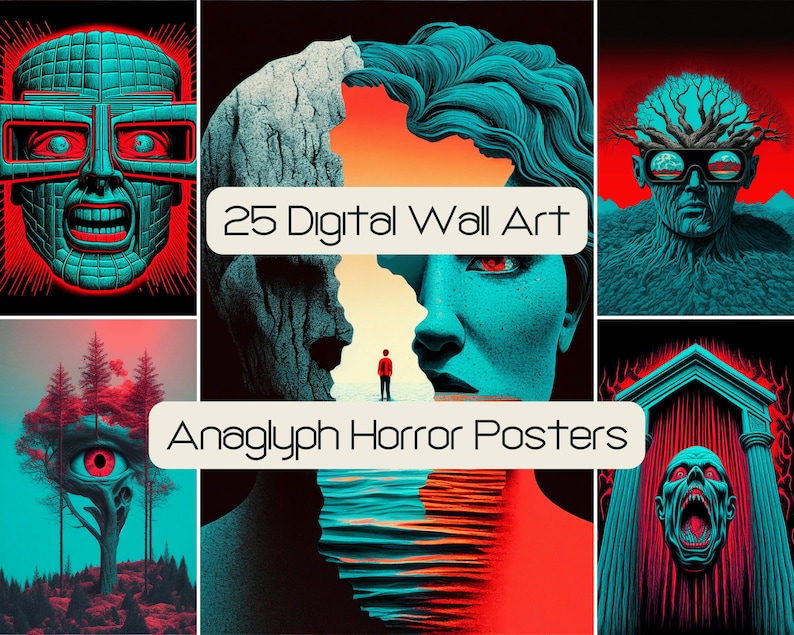 25 Anaglyph Horror Digital Wall Art, Printable Poster Home Decor, Skull ...