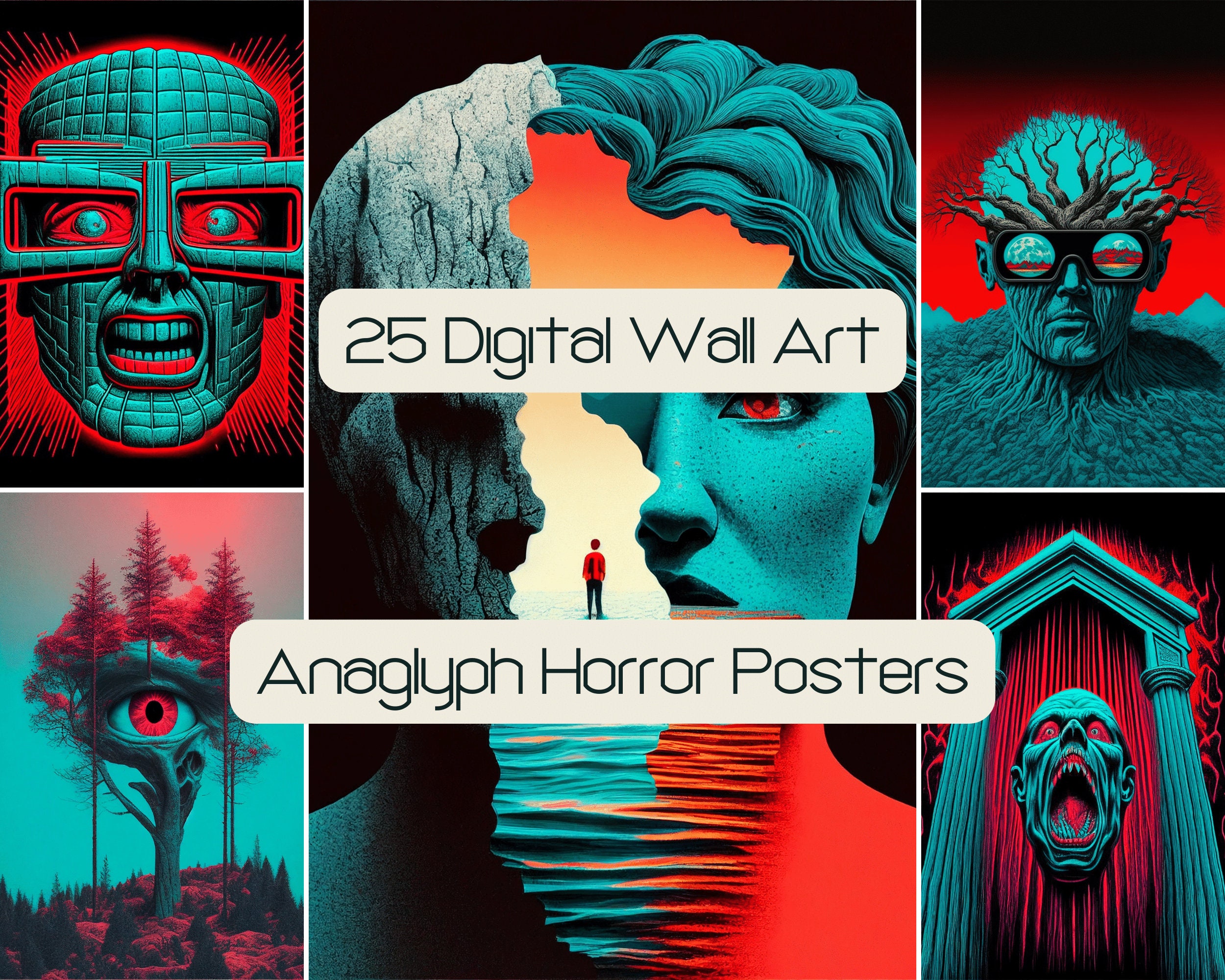 25 Anaglyph Horror Digital Wall Art, Printable Poster Home Decor, Skull ...