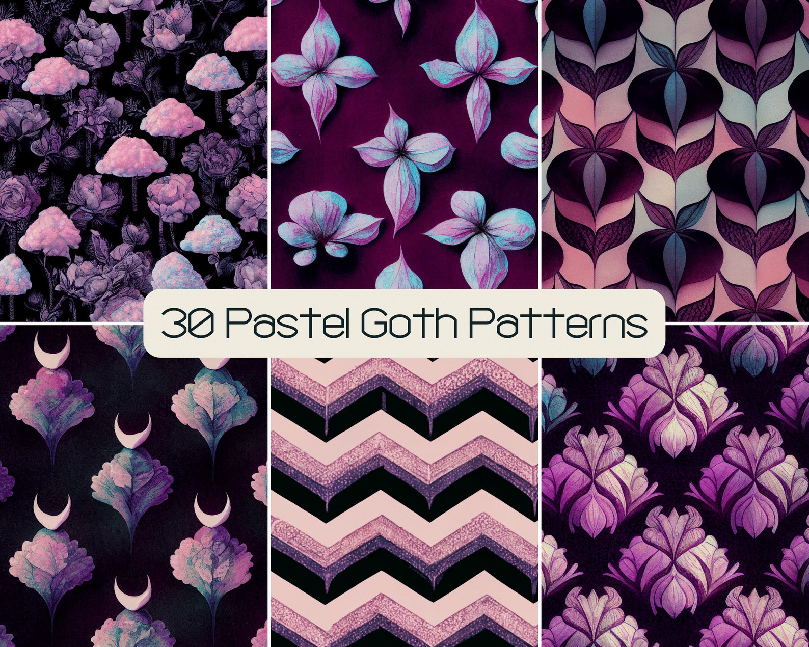 30 Pastel Goth Patterns, Digital Scrapbook Paper Pack, Gothic Skull SVG ...