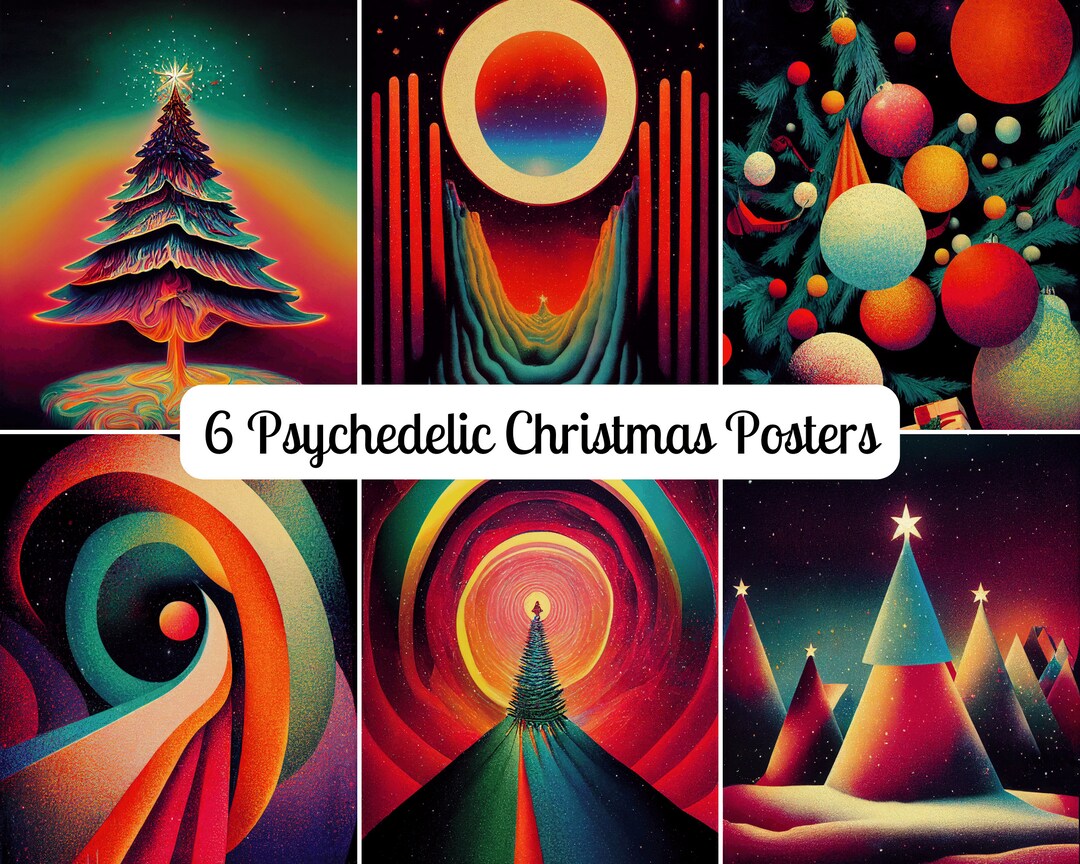 6 Psychedelic Christmas Card, Printable Wall Part Christmas Art Print ...