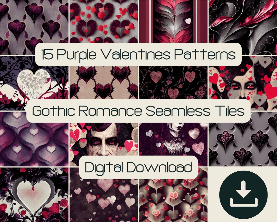 15 Purple Gothic Valentines Day Seamless Pattern, Goth Heart Skull SVG ...