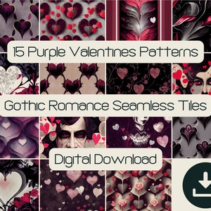 15 Purple Gothic Valentines Day Seamless Pattern, Goth Heart Skull SVG ...