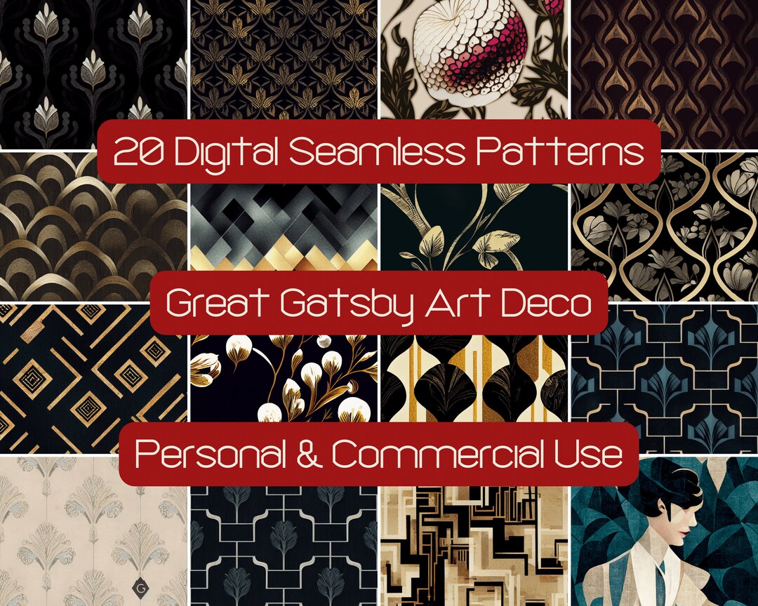 20 Gatsby Art Deco Seamless Pattern, Digital Scrapbook Paper Pack ...