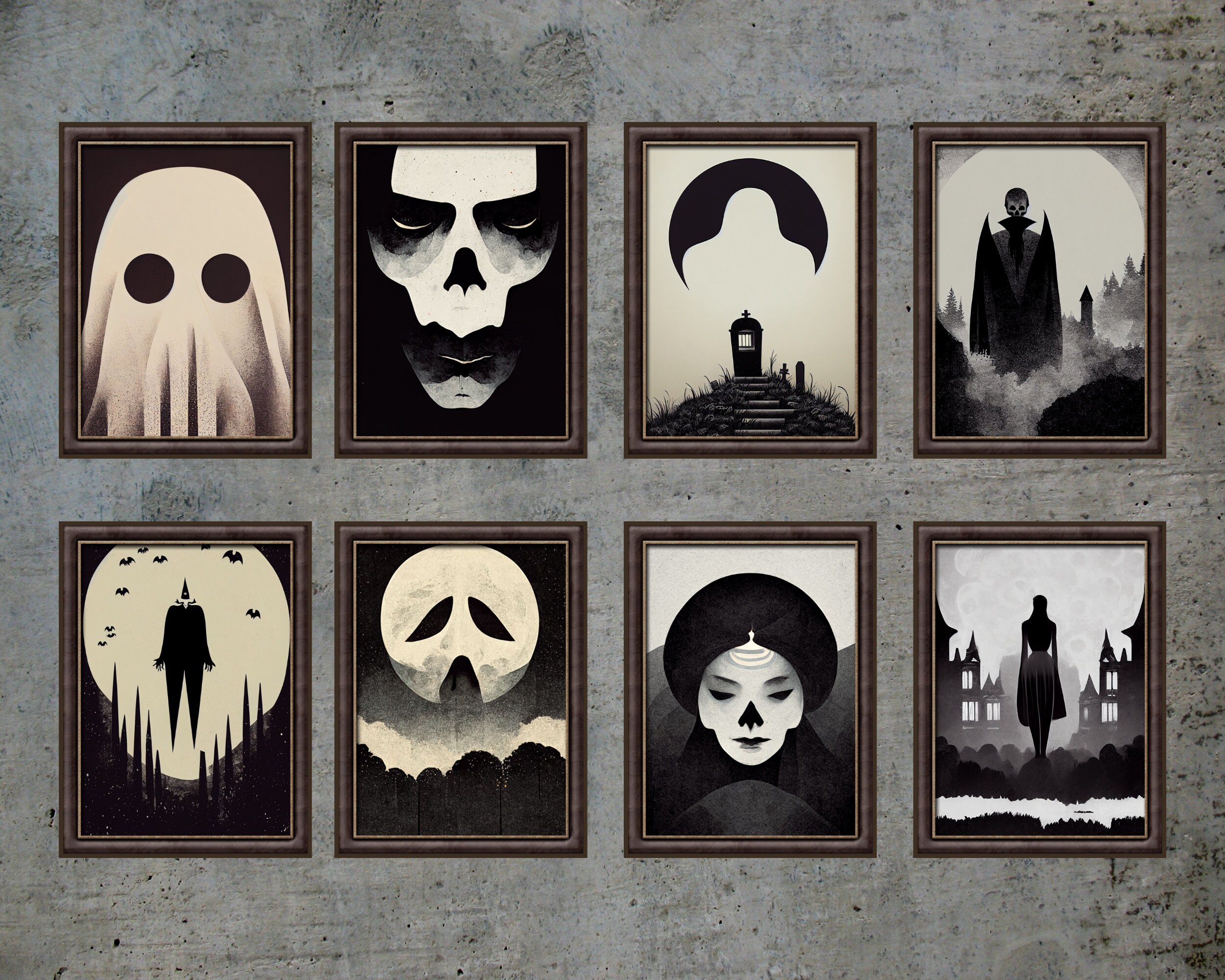8 Monochromatic Gothic Art Print, Indoor Holiday Decoration, Printable ...