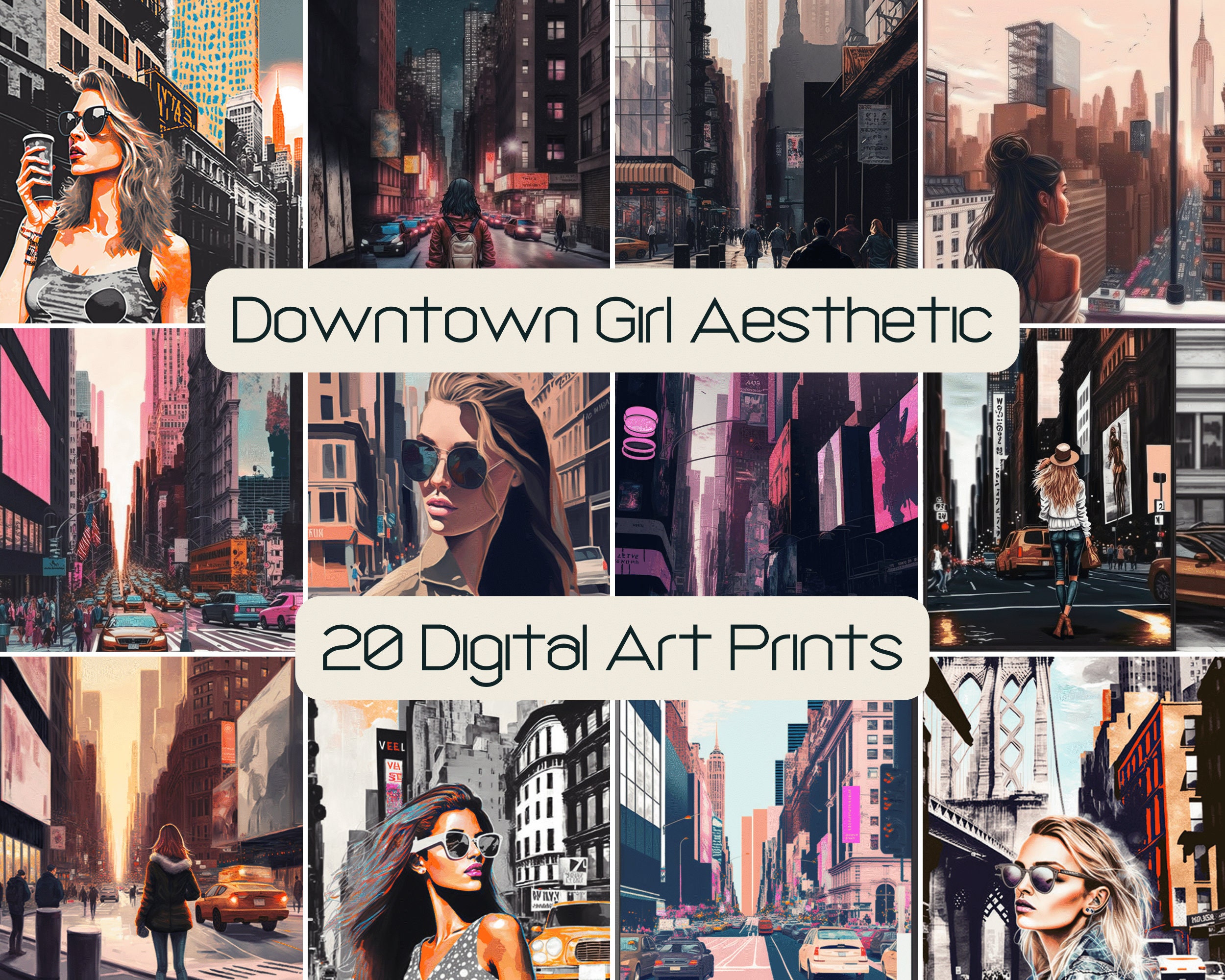 20 Downtown Girl Aesthetic Digital Wall Art, Printable Greeting Cards ...